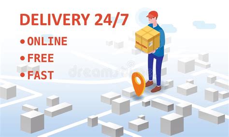 Delivery 24 7 Courer Character Man With Package Parcel Box Map