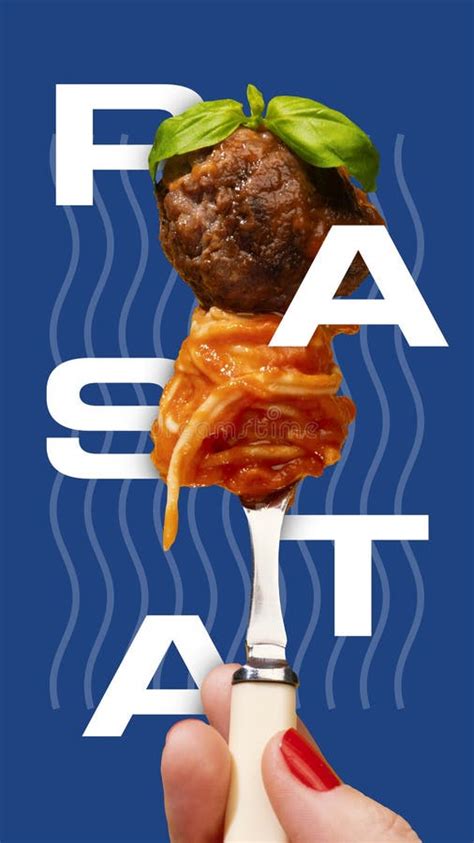 Fork With Twirled Spaghetti And Meatball Topped With Basil Leaves Against Bold Graphic Blue
