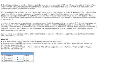 Solved Chs Is A Large Multidivision Firm One Division