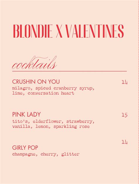 Dinner Menu Cocktail Menu Blondie In Philadelphia Pa