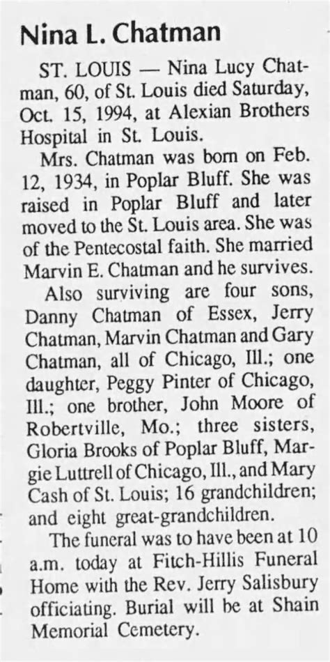 Nina Lucille Moore Chatman 1934 1994 Find A Grave Memorial