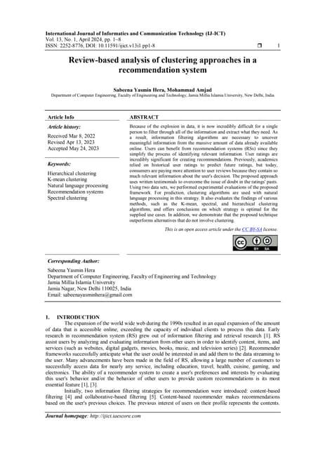Review Based Analysis Of Clustering Approaches In A Recommendation