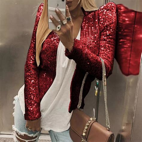 Womens Trendy Solid Color Jacket Short Casual Sequin Small Jacket For