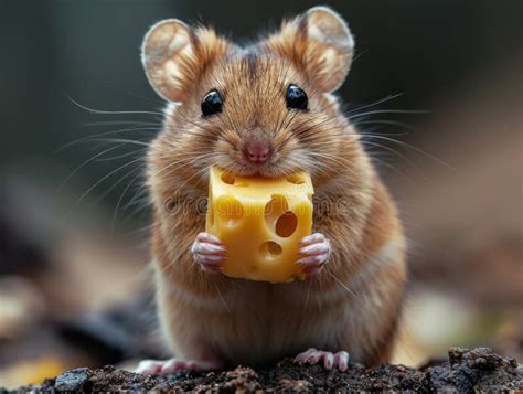 Cute Little Mouse With Cheese In The Park Little Mouse Eats Cheese