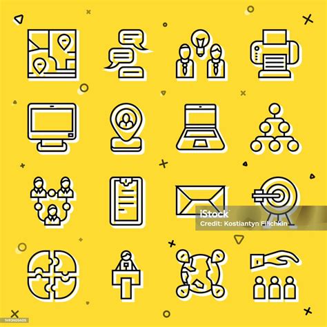 직원 대상 화살표 계층 구조 조직도 차트 사람 램프 전구 작업자 위치 컴퓨터 모니터 접힌 지도 및 노트북 아이콘으로 라인 보스를 설정합니다 벡터 Brand Name