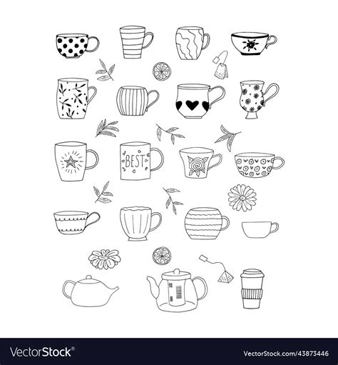 Cups And Teapots Set Hand Drawn In Doodle Style Vector Image