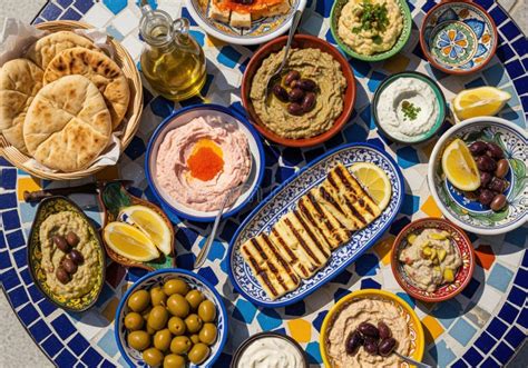 Traditional Cypriot Or Greek Mezze Platter With Various Dips And