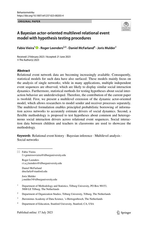 Pdf A Bayesian Actor Oriented Multilevel Relational Event Model With Hypothesis Testing Procedures