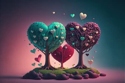 Abstract Ai Illustration Of Three Different Colored Heart Shaped Trees
