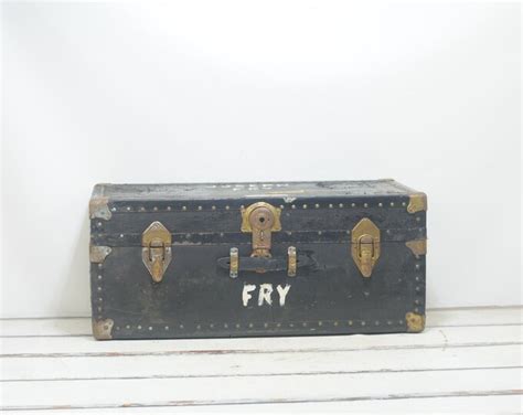 Vintage Black And Gold Military Trunk Footlocker Metal And Wood Travel