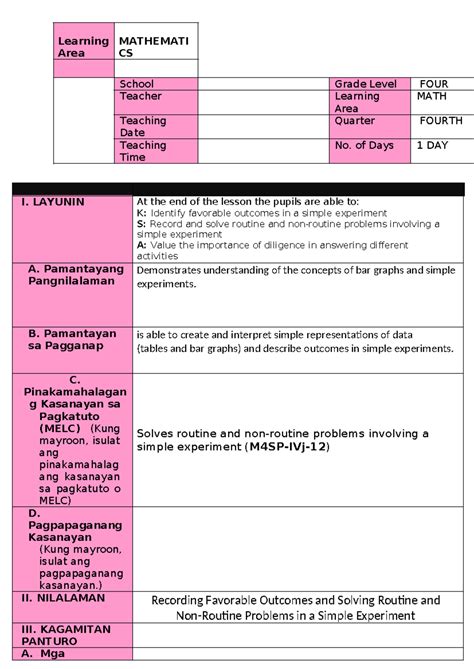 Math Q4 G4 W7 Lesson Plan For Grade 4 Quarter 4 Learning Area
