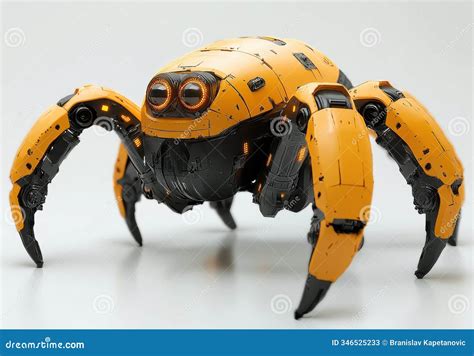 A Cute Robot Spider With A Vibrant Yellow Body And Four Legs Stock