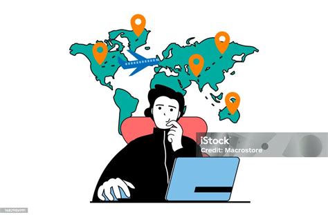 플랫 웹 디자인에서 사람들 장면이 있는 전 세계 배달 개념입니다 비행기로 소포를 보내고 지도에서 위치 경로를 추적하는 남자 소셜 미디어 배너 마케팅 자료에 대한 벡터