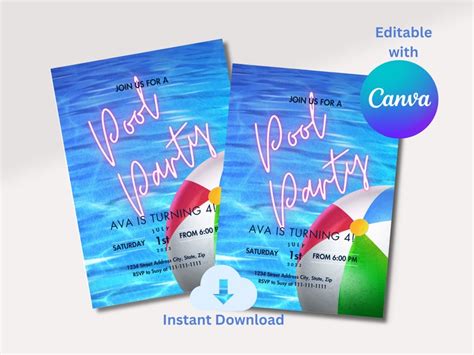 Canva Editable Pool Party Invitation Template Pool Party Etsy