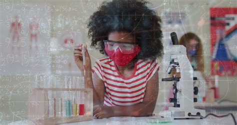 Young Girl Conducting Science Experiment With Math Equations Overlay