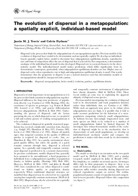 Pdf The Evolution Of Dispersal In A Metapopulation A Spatially Explicit Individual Based Model