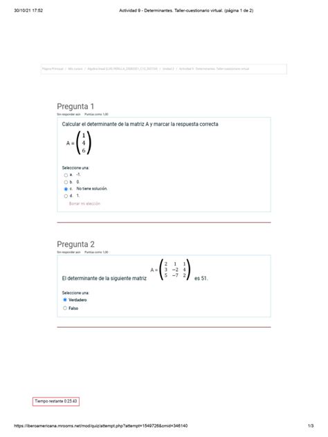 Actividad 9 Determinantes Taller Cuestionario Virtual Página 1 De 2 Pdf Determinante