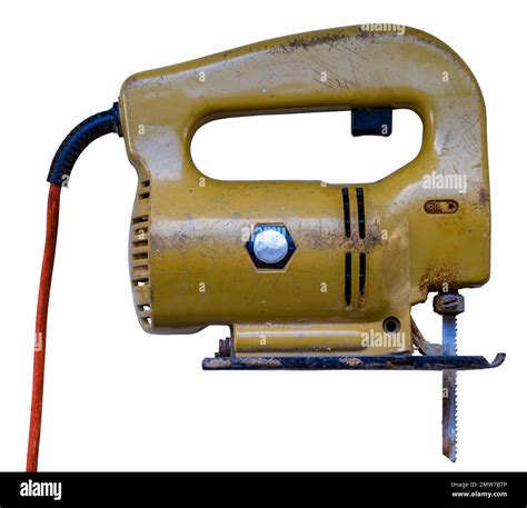 An Isolated Vintage Electric Jigsaw Power Tool On A White Background
