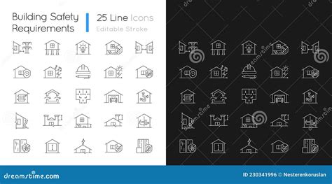 Building Safety Requirements Linear Icons Set For Dark And Light Mode Stock Vector