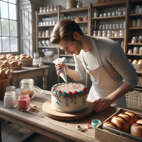 Realistic Scene Of A Baker Decorating A Colorful Cake In A Cozy Small Bakery Sunlight