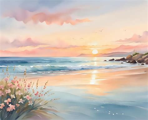 Seashore Scene In A Peaceful Minimalist Watercolor Art Premium Ai