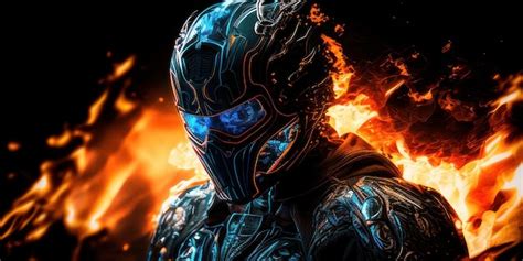 Premium Photo A Man In A Helmet Stands With Fire Backgorund