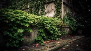 Ivy Fall Leaves And Stone Brick Wall Wallpaper With Water Drops