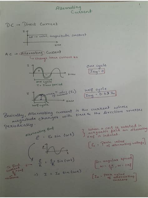 Alternating Current Short Notes Class 12 Handwritten Pdf