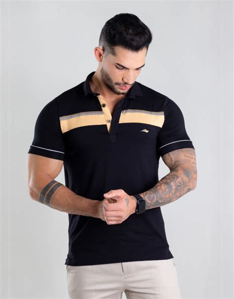 Camisa Gola Polo Masculina Clássica Com Elastano Cor Preta Davy Jones