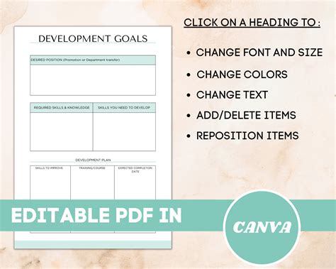 Development Goals Template Printable Editable Career Growth Sheet