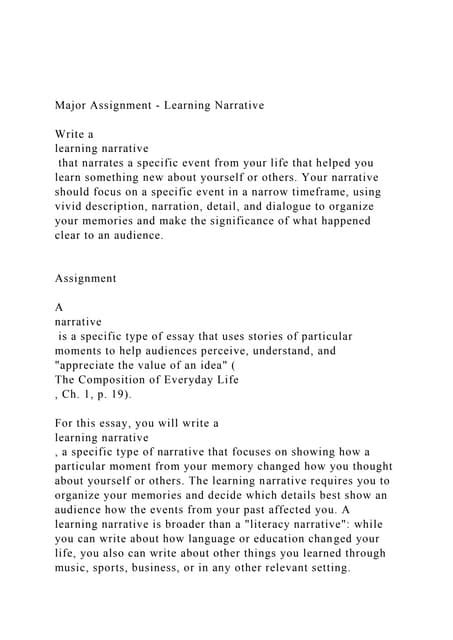 Major Assignment Learning Narrativewrite A Learning Narrdocx