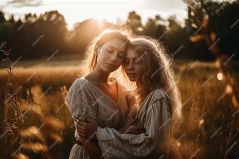 Premium Ai Image Two Lgbt Lesbian Girls In Love Hug In Field In