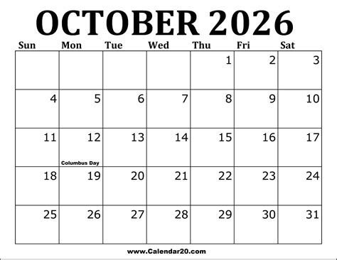 October 2026 Calendar Printable