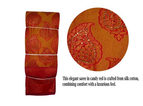 Wedding Wear Candy Red Silk Cotton Women Saree 6 M With Blouse Piece