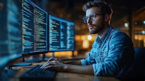 A Programmer Coding Computer Workstation Multiple Monitors Dark Office Environment Premium Ai