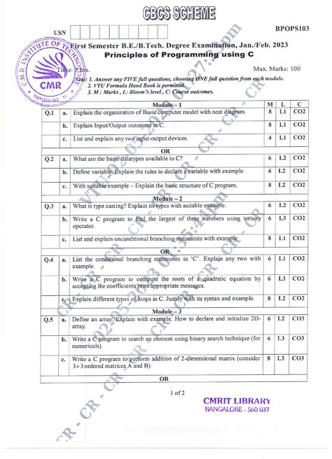 Vtu Question Paper Of Bpops 103 Principles Of Programming Using C Jan