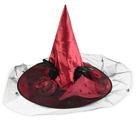 Deluxe Pointed Witch Hat Glamorous Red Witches Accessories Fancy Satin Hat With Bow Spiders