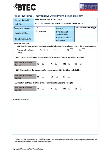 Unit 16 Computing Research Project Final Assignment Feedback Form