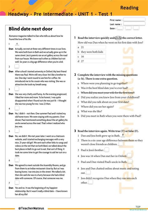 Headway Pre Intermediate Unit 1 Test 1 Interactive Worksheet