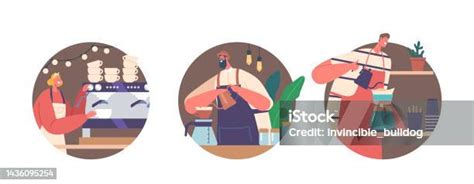 바리스타 남성과 여자는 고립 된 라운드 아이콘 또는 아바타를 만드는 커피를 만듭니다 친절한 캐릭터는 카페에서 앞치마 작업을 착용합니다 만들기에 대한 스톡 벡터 아트 및 기타