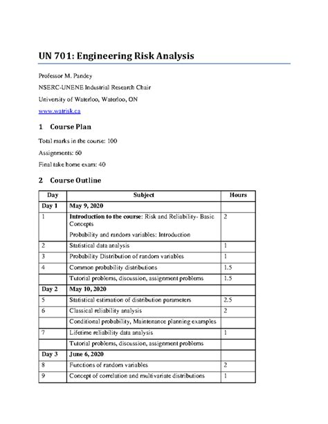 Engineering Risk Analysis Course Outline Un 701 Engineering Risk