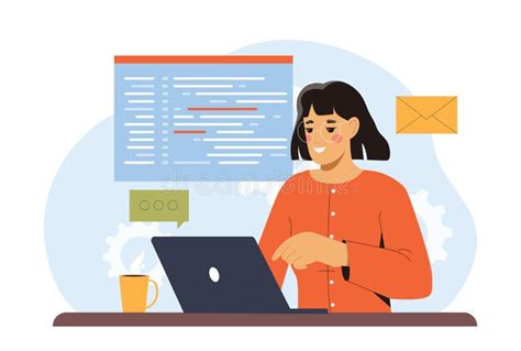 Female Developer Coding At Laptop Desk Vector Illustration Stock