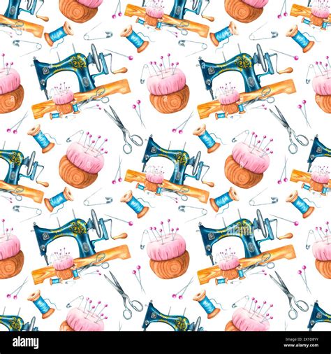 Seamless Pattern With Sewing Machine Pincushion Safety Pin Pins And Needles Hand Drawn