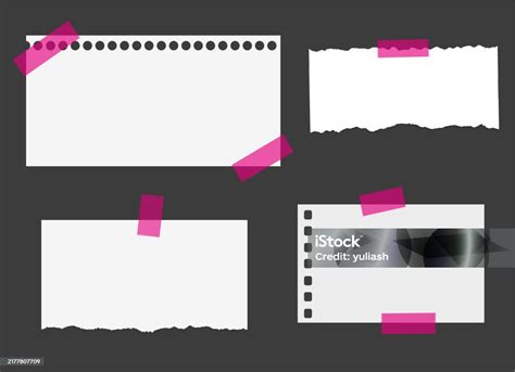 4개의 다른 빈 음표 세트 분홍색 접착 테이프에 흰 종이 조각 구멍이 뚫려 찢어진 노트북 페이지 무드 보드 템플릿 구성 검은 배경에 모형 사실적인 벡터 3d 주당순이익10
