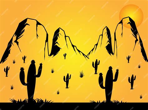 Premium Vector Landscape Desert On Sunset With Cactus Silhouette