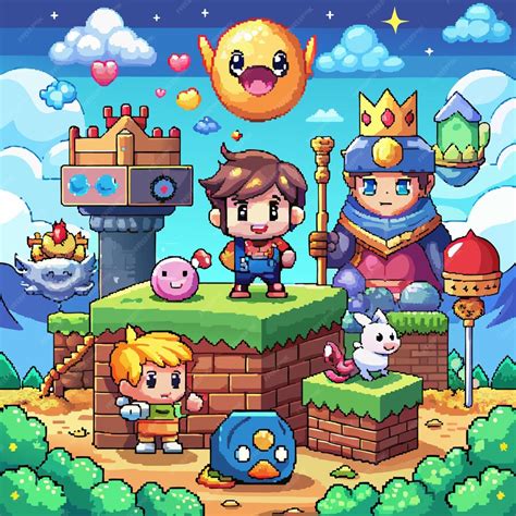 Pixelated Cartoon Characters Standing On A Platform In A Video Game World Premium Ai Generated