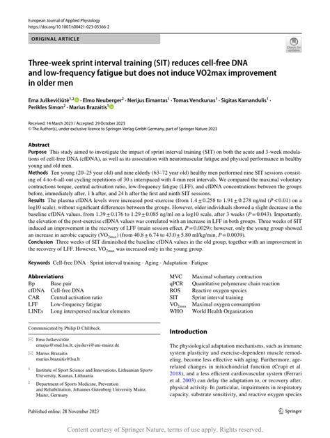 Three Week Sprint Interval Training Sit Reduces Cell Free Dna And Low Frequency Fatigue But