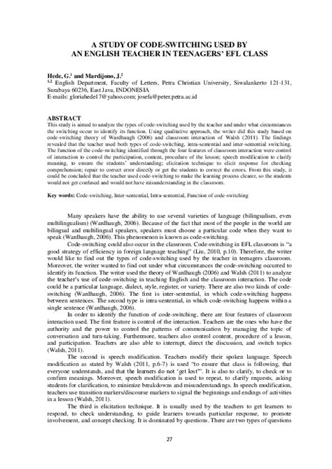 Pdf A Study Of Code Switching Used By An English Teacher In Teenagers