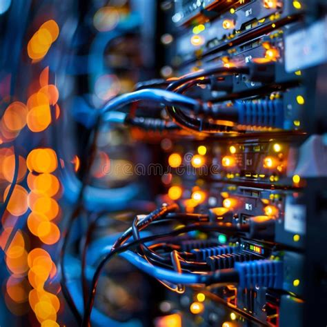 Close Up Of Server Racks With Network Cables And Lights Stock