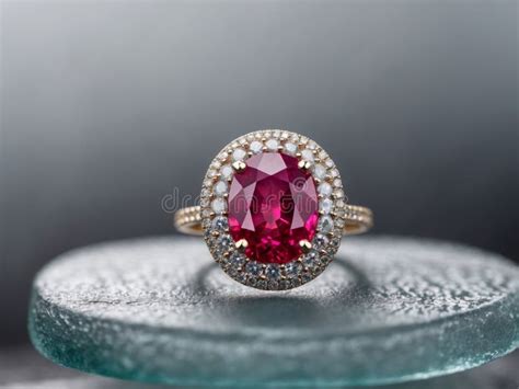 Stunning Ruby Ring With Sparkling Diamond Halo On Frosted Surface Stock